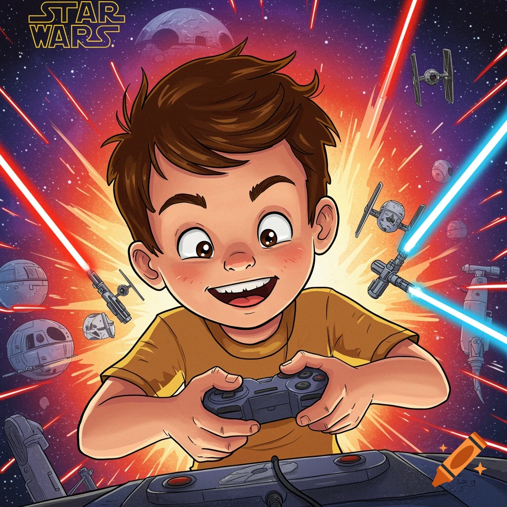 Kid playing video games with Star Wars background on Craiyon