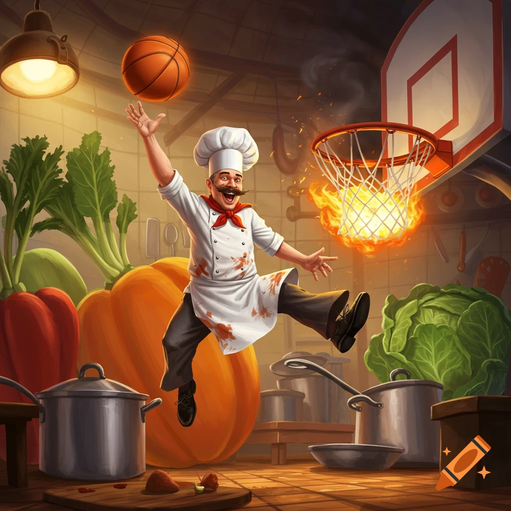 A chef jumps to dunk a basketball into a flaming hoop in a kitchen. on ...