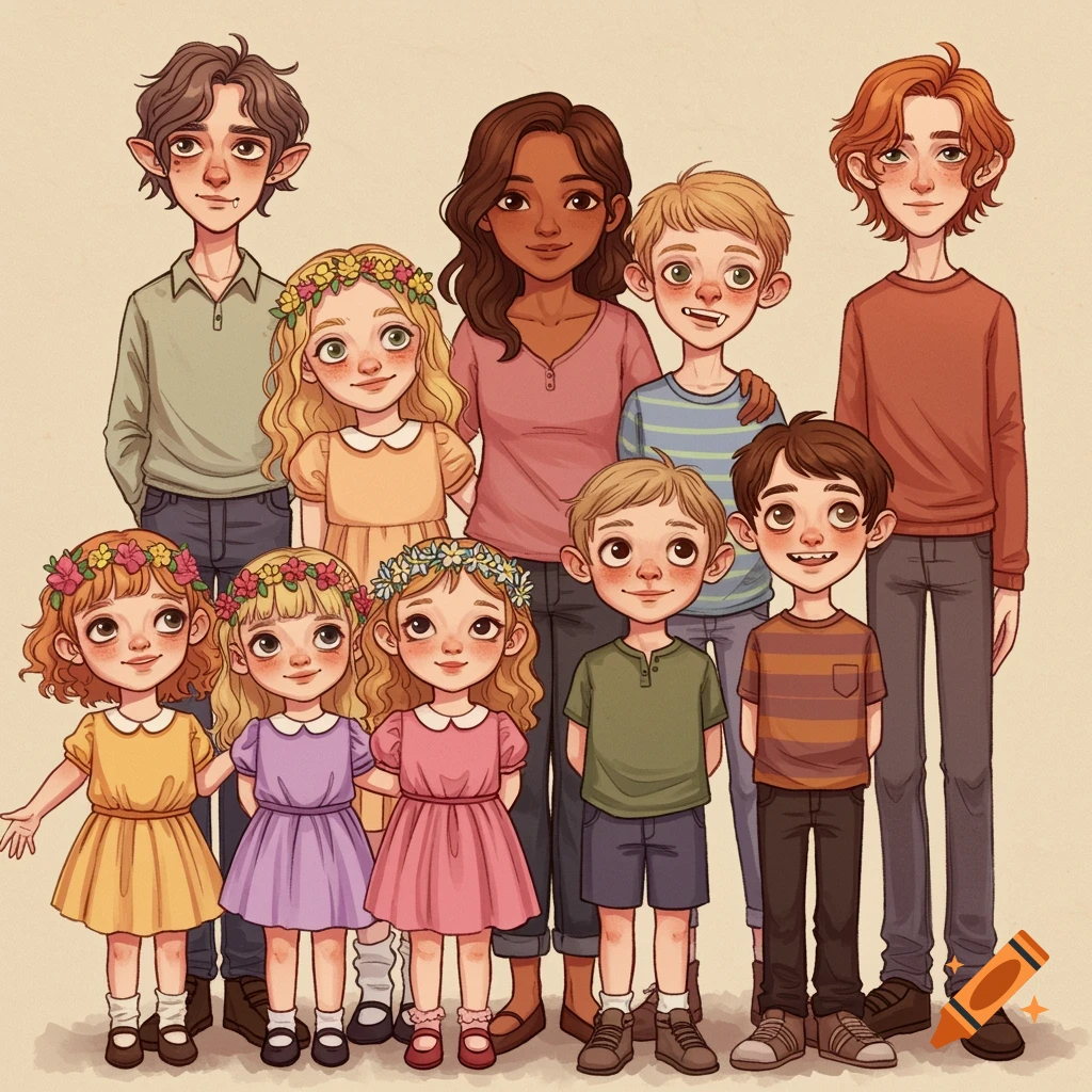 A stylized illustration of a large diverse family standing together for ...