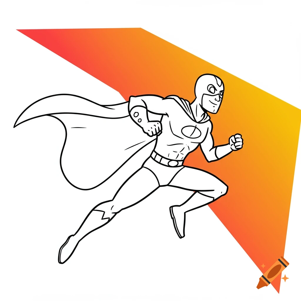 A superhero in a red and yellow suit leaps against an orange radial ...
