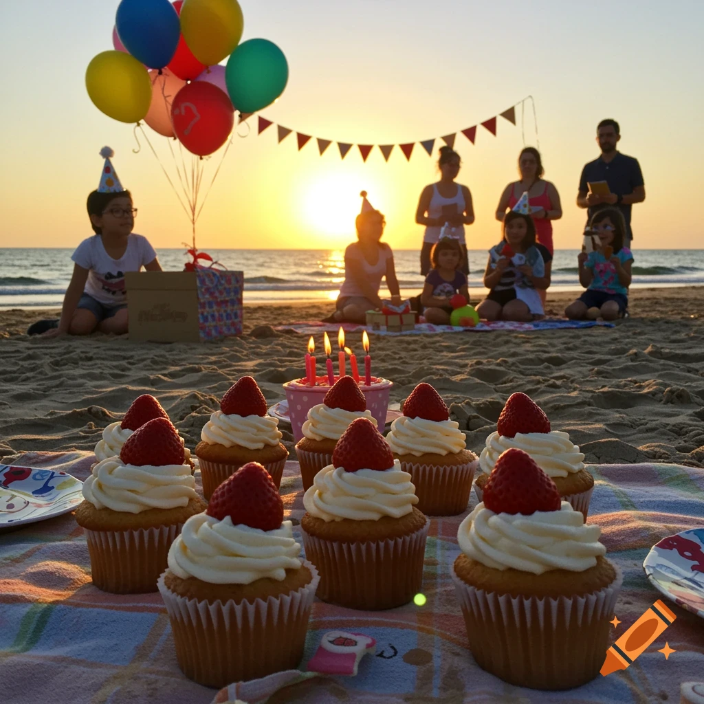 Birthday party on a beach at sunset with cupcakes, balloons, people ...