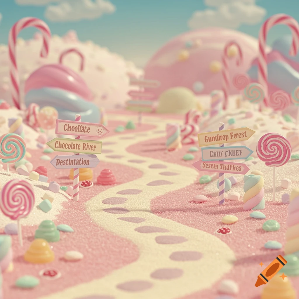 A whimsical pastel candy landscape with a path, signs, lollipops, and ...