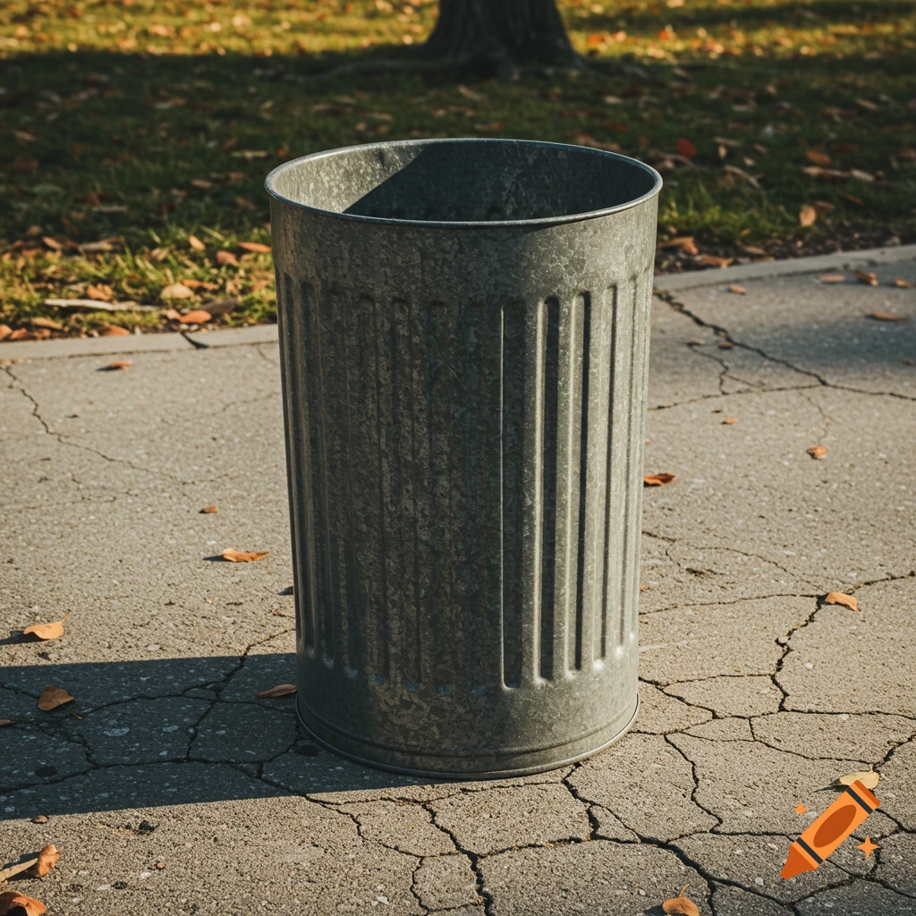 A pink trash tote with a bear face sits on a concrete sidewalk casting ...