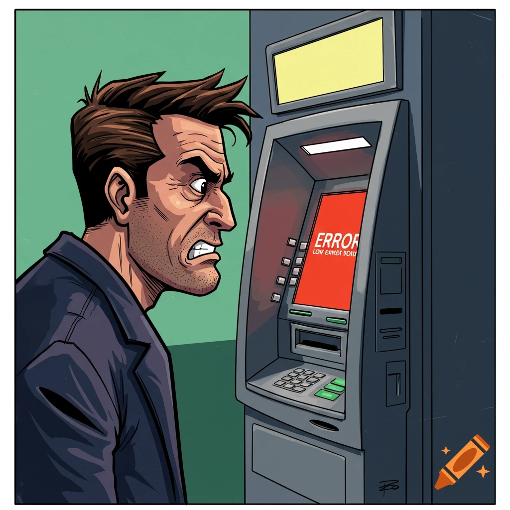 Illustration of a frustrated man staring at an ATM screen displaying an ...