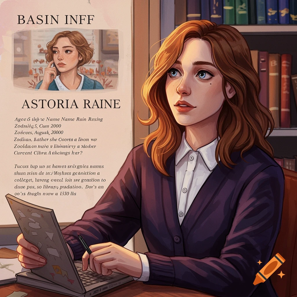 Basic info card: Astoria Raine, age 25, with personal details and backstory. on Craiyon