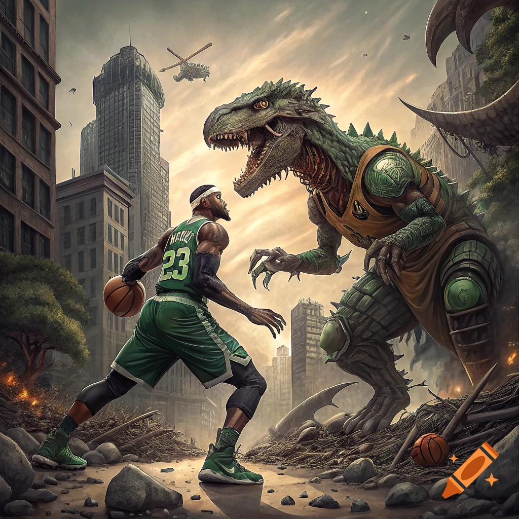 LeBron James plays basketball against a dinosaur in a ruined city. on ...