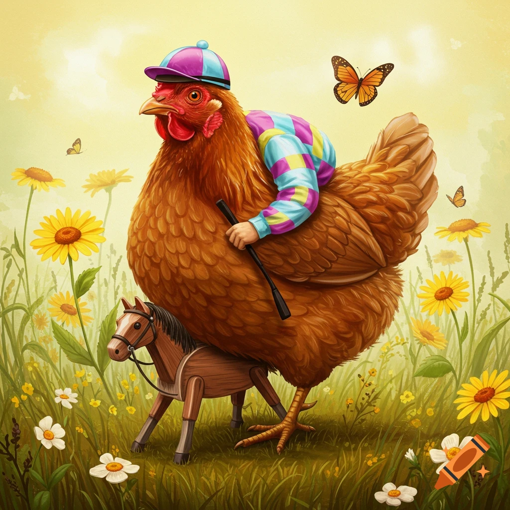 A jockey is riding a large brown chicken down a racetrack ...