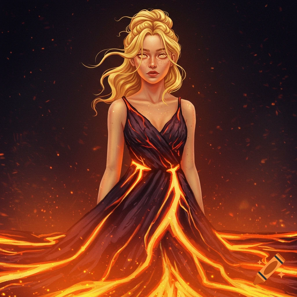 Girl with blonde hair in a volcano-themed gown on Craiyon