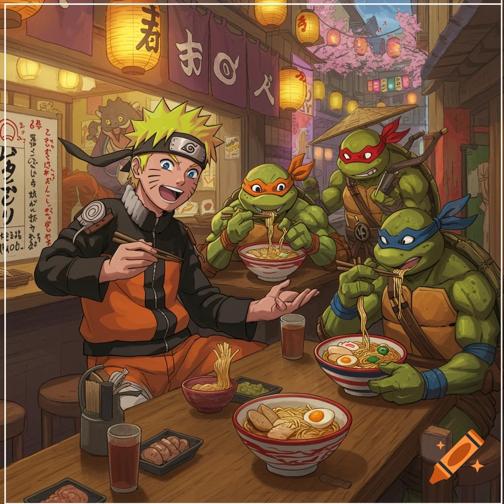 Naruto and Teenage Mutant Ninja Turtles eating ramen at a busy stand in ...