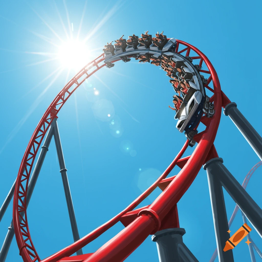 A 3D render of a snake-themed rollercoaster train on a green track with ...