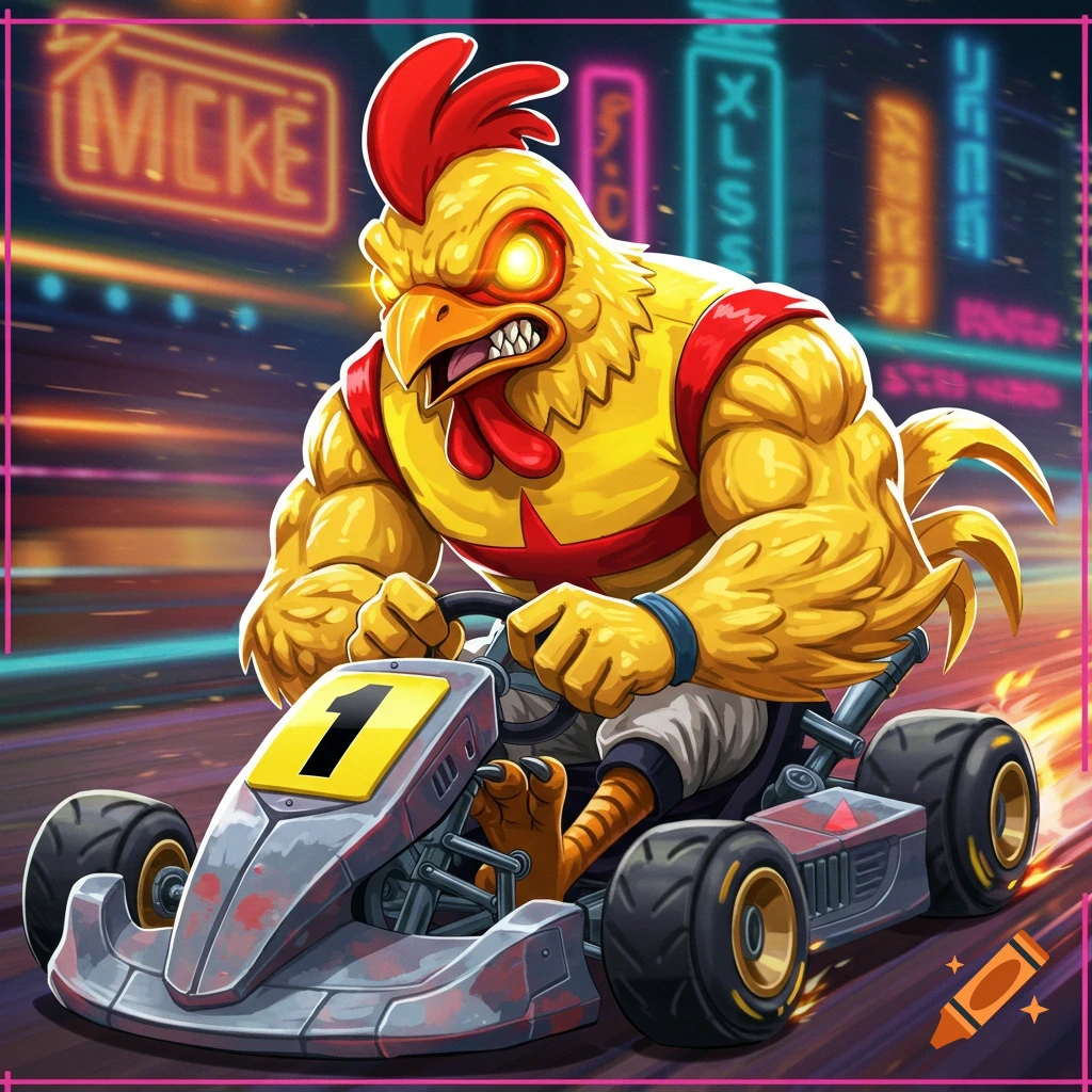 A cartoon-style turkey in a baseball cap rides a motorcycle down a neon ...