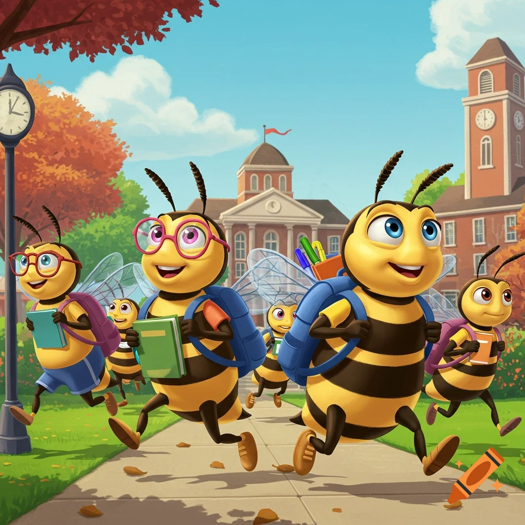 Cartoon bees with backpacks and books walk towards a school in autumn ...