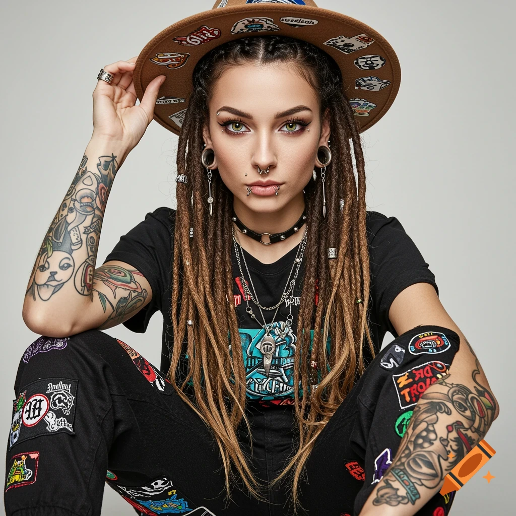 Photorealistic portrait of a woman with dreadlocks, piercings, tattoos ...