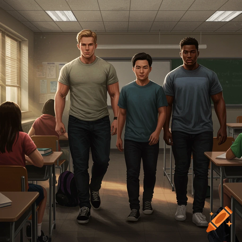 Three muscular students walk into a classroom as other students are ...