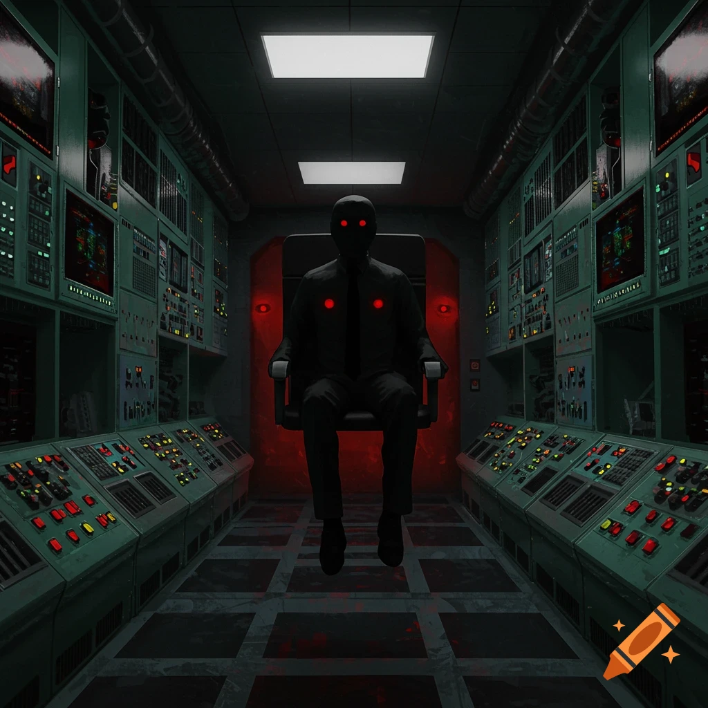 Room with processing machines and a man on a floating chair on Craiyon