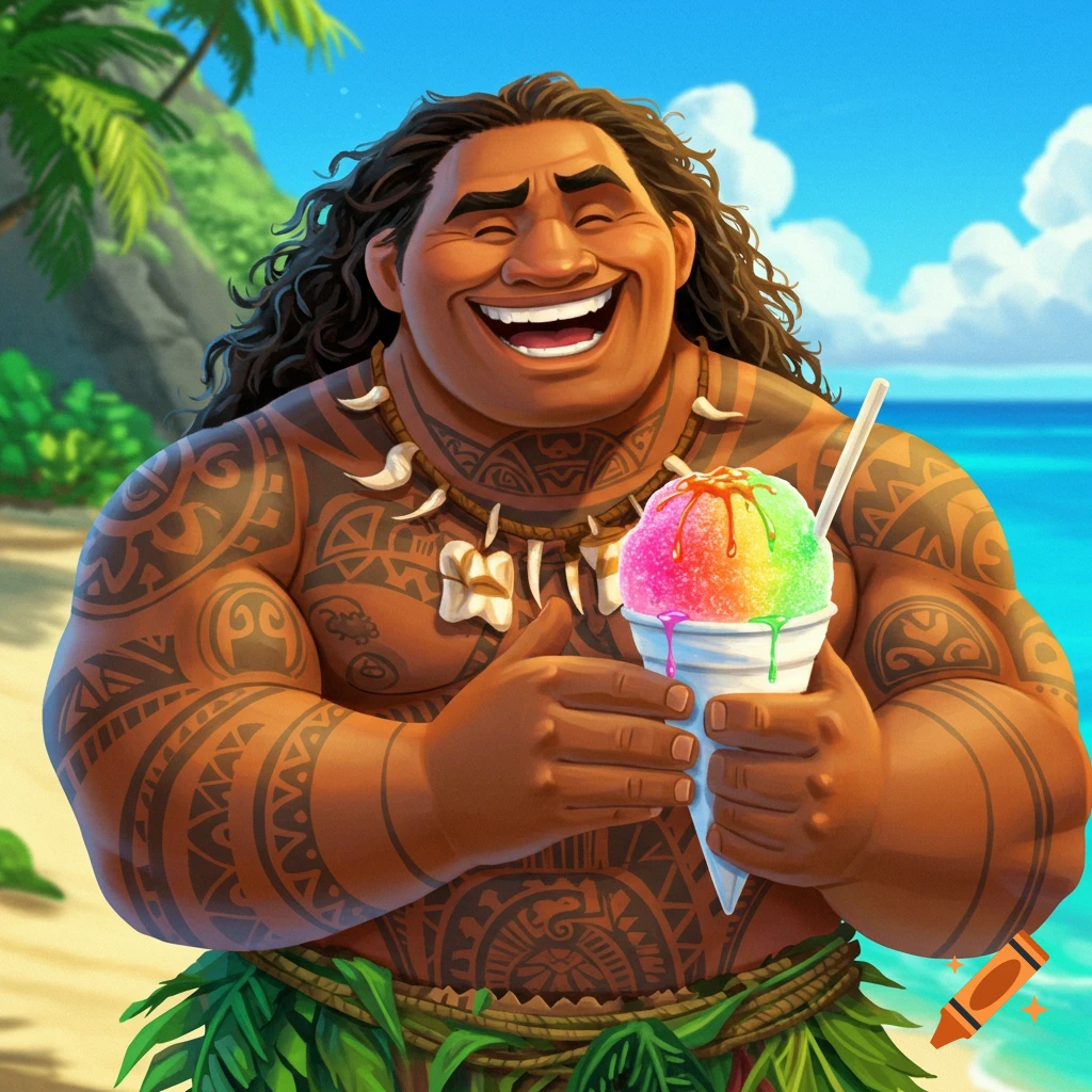 Animated characters Moana, Maui, and a white creature on a beach. on ...