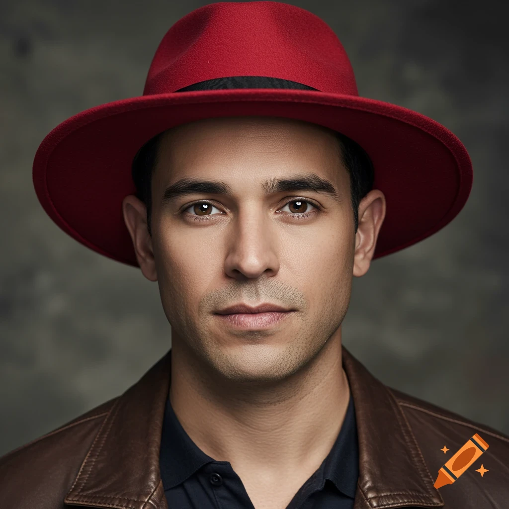 Portrait of a man in a red hat and leather jacket. on Craiyon