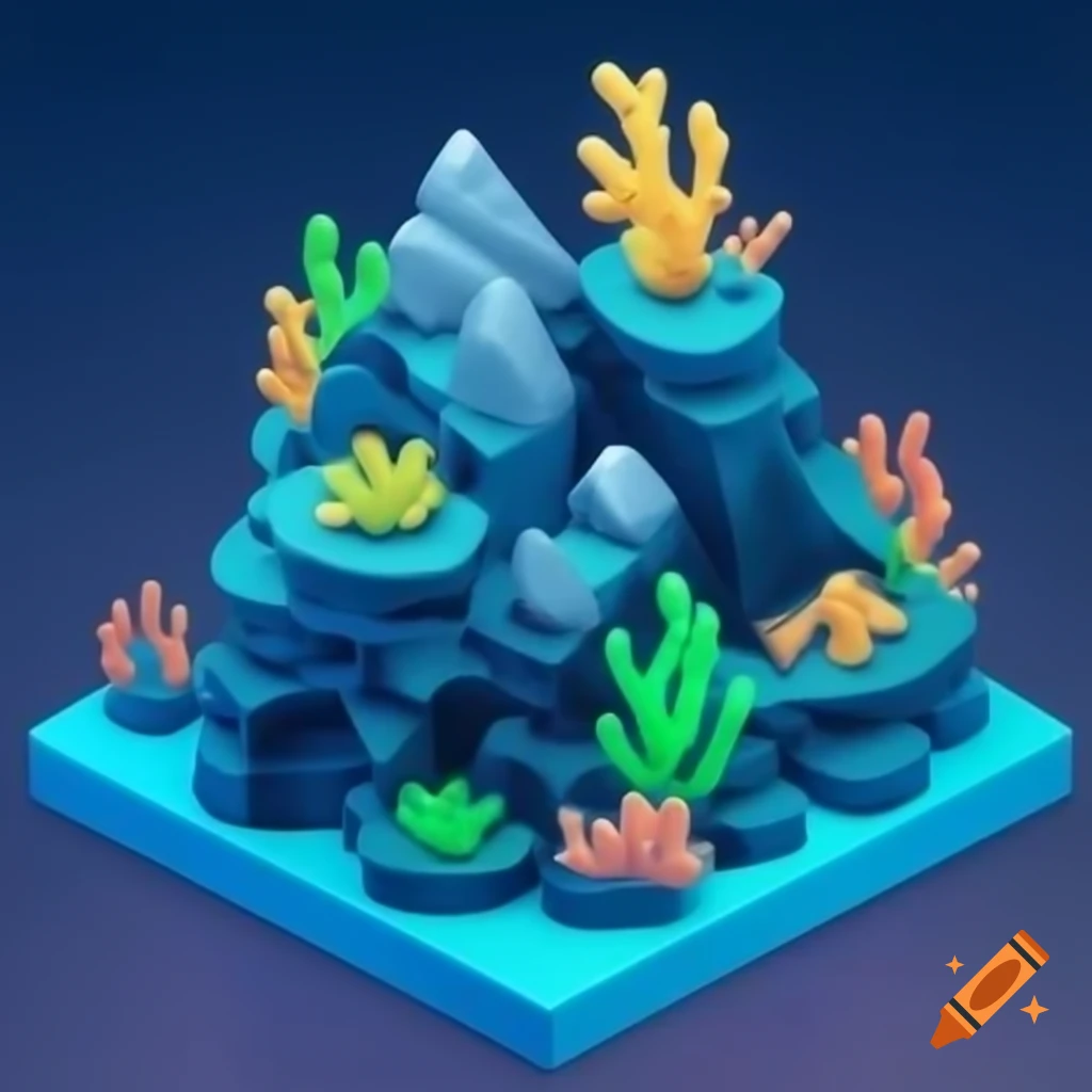Isometric RGB model of rock, coral reef, and seaweed on Craiyon