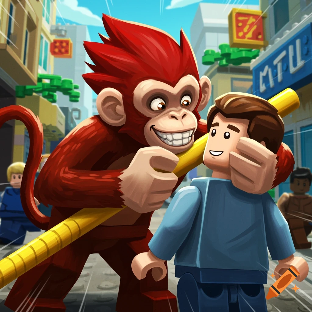 A red monkey holds a person in a city street, in a Lego Monkie Kid ...