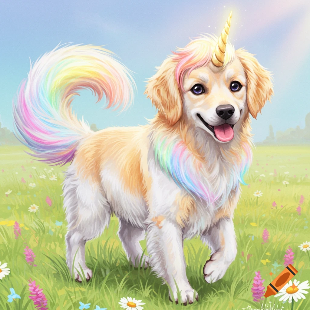 A cute shih tzu puppy with a rainbow unicorn horn stands in front of a ...