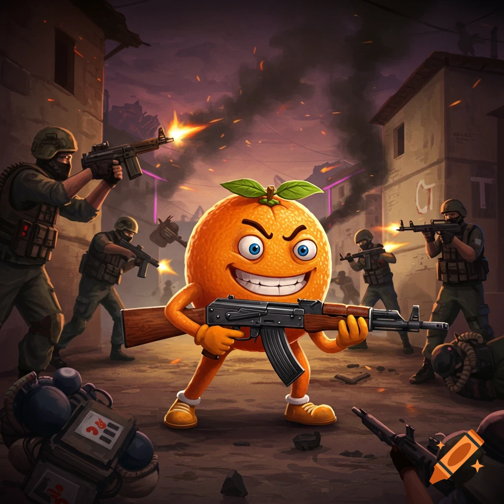 Cartoon Annoying Orange character shooting a rifle in a combat zone ...