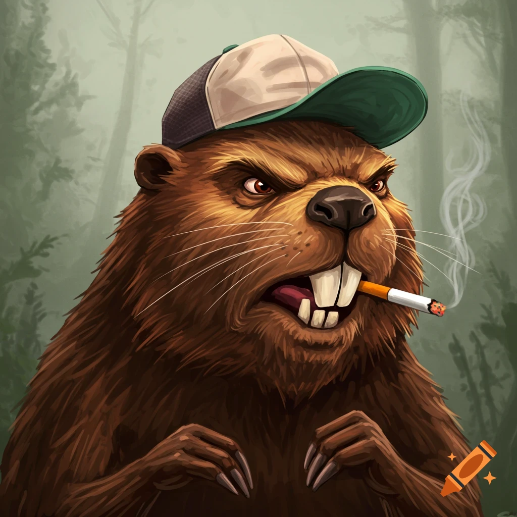 Angry beaver smoking a cigarette and wearing a baseball hat on Craiyon