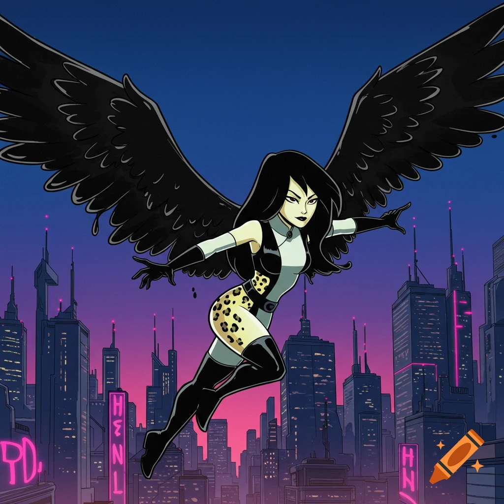 Shego with ponytail, black cheetah suit, and slime wings flying in the ...