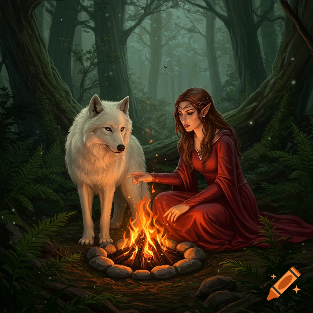 High elf with brown hair in red dress next to a white wolf by a fire ...