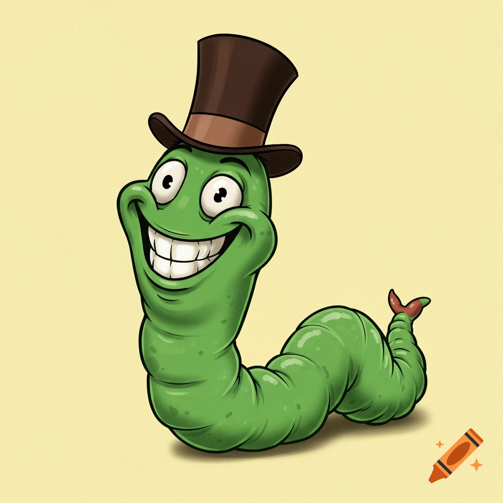 A cartoon green worm with a top hat is smiling widely. on Craiyon
