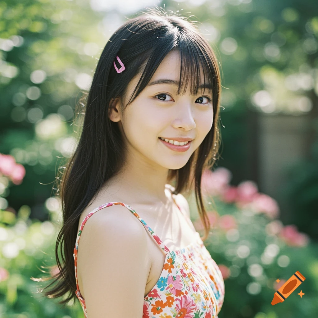 A young woman in a floral dress smiles in a sunny garden. on Craiyon