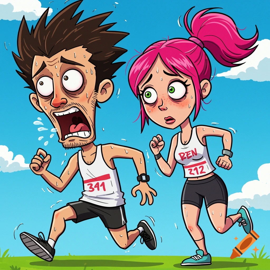 Cartoon of two exhausted runners on Craiyon