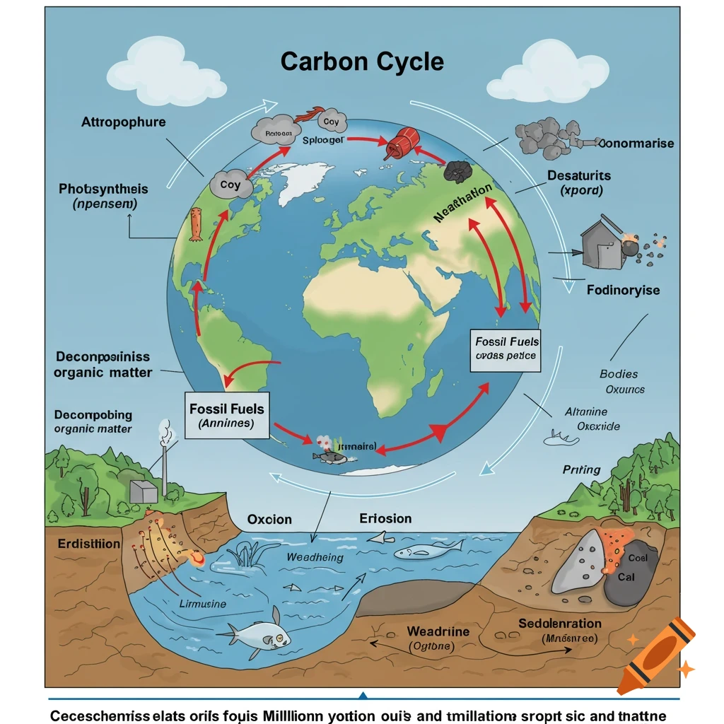 Diagram of the carbon cycle showing atmosphere, organisms, fossil fuels, and labeled processes ...