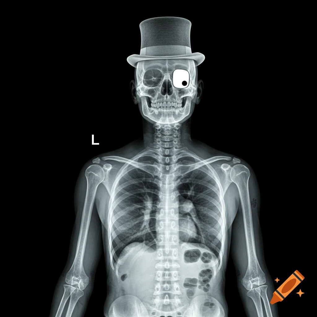 X-ray of a human torso and skull wearing a top hat and having a large ...