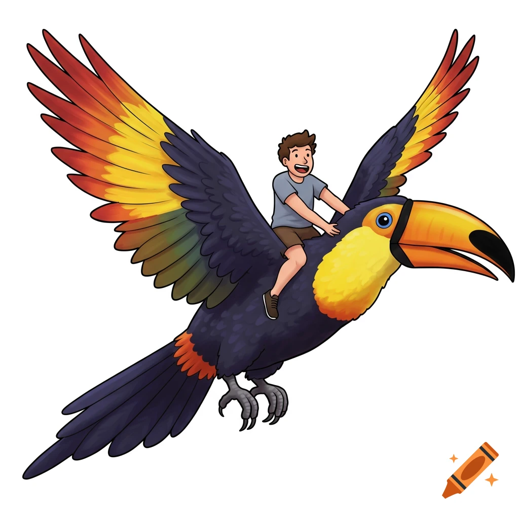 A cartoon man rides on the back of a large flying toucan. on Craiyon