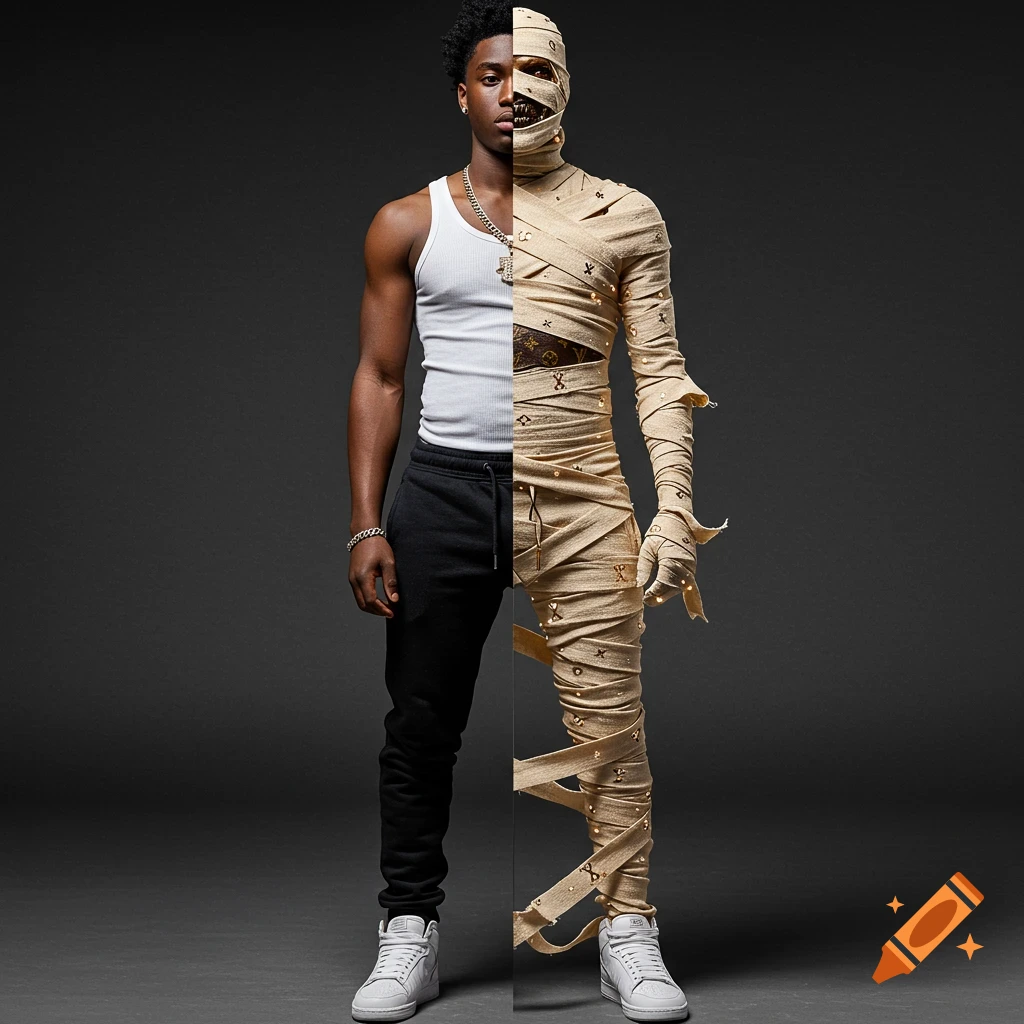 African American man, half human, half futuristic mummy with Louis ...