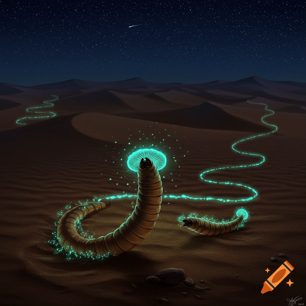 Glowing sandworms leaving bioluminescent trails in a desert at night ...