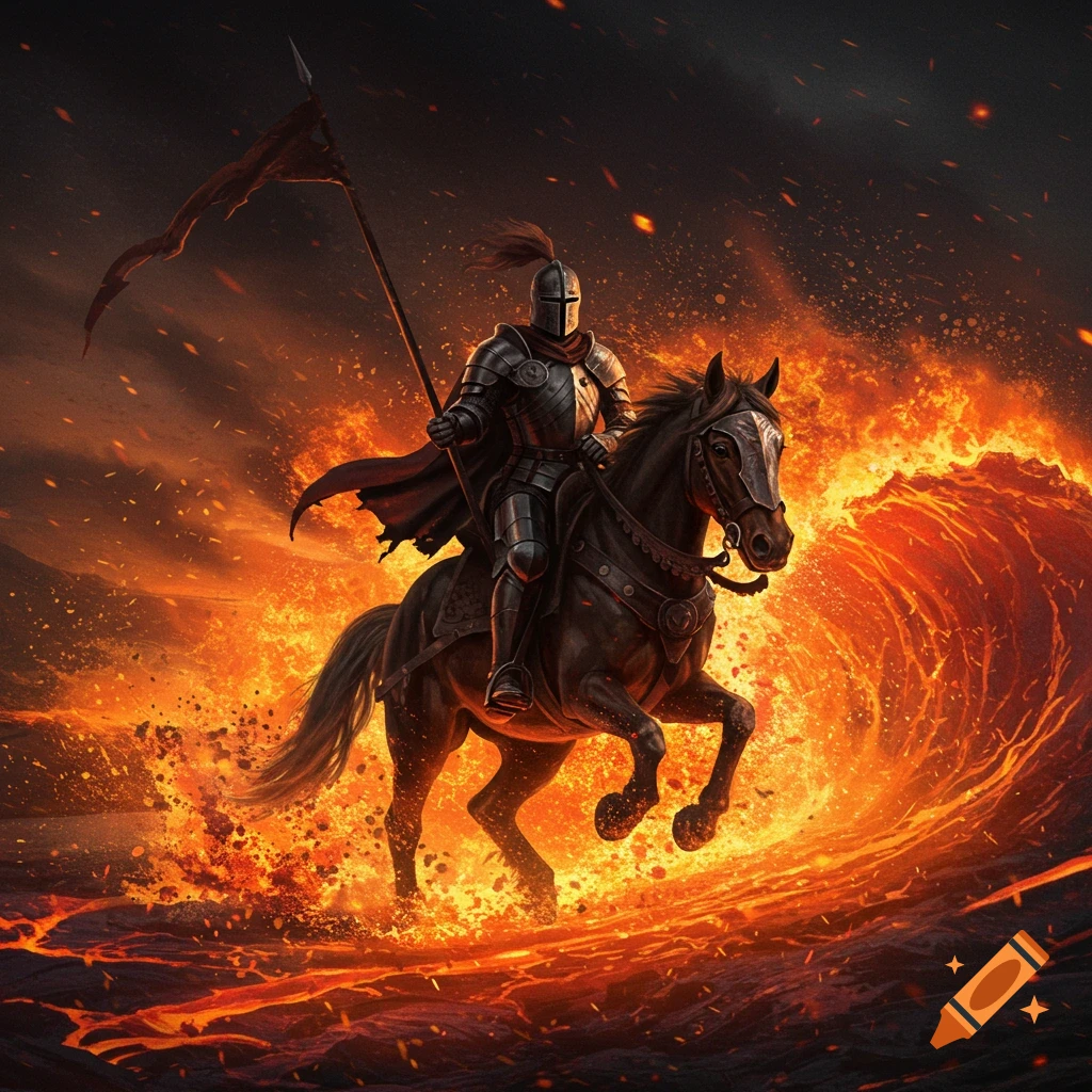 Medieval knight riding a lava wave on Craiyon