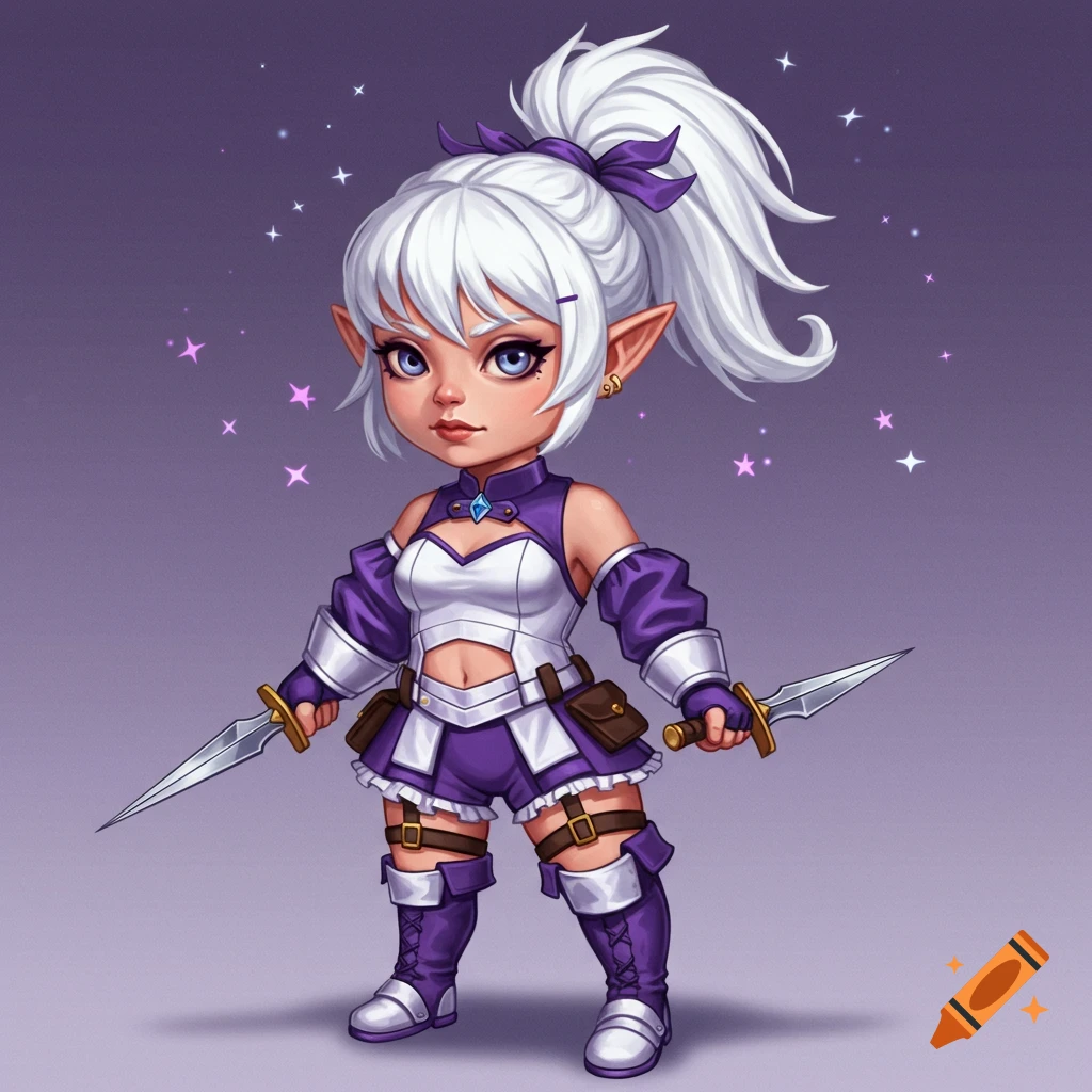 Chibi fantasy character with white hair, elf ears, purple and white ...