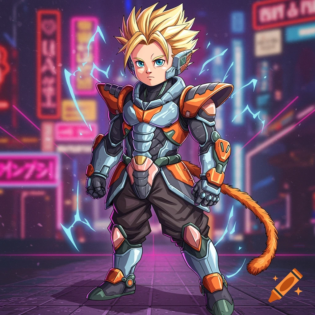 Saiyan kid, blond hair, custom fighting suit on Craiyon