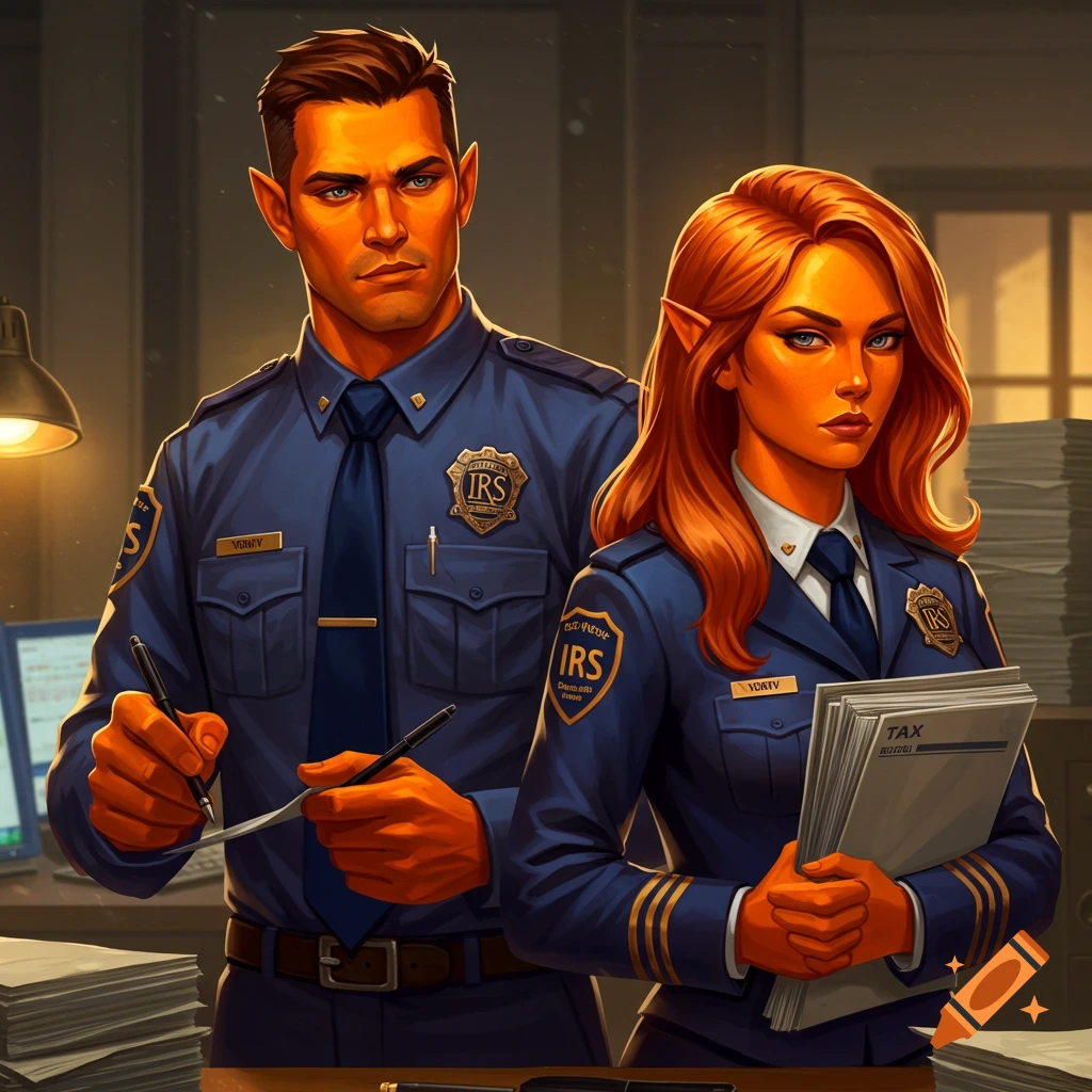 A digital painting of two IRS agents with orange skin and pointy ears ...