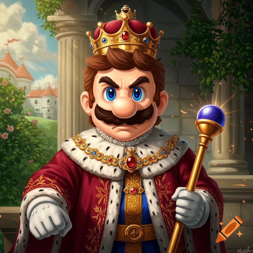 Illustration of Mario dressed as a king standing in a palace holding a ...