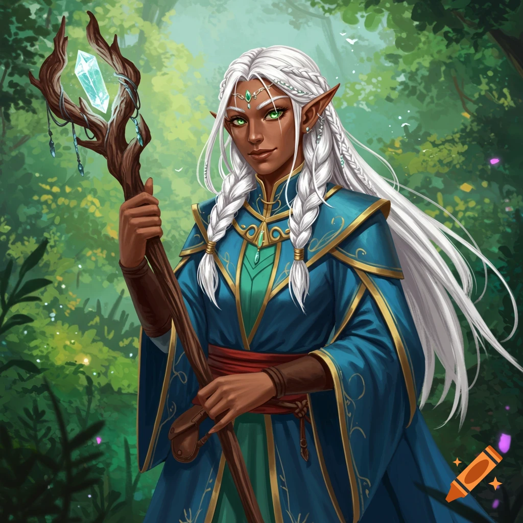 A fantasy character with curly hair and blue robes holds a glowing ...