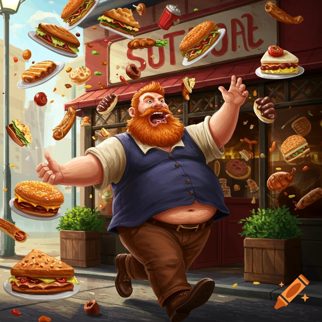 A fat ginger bearded man running outside a restaurant with food falling ...