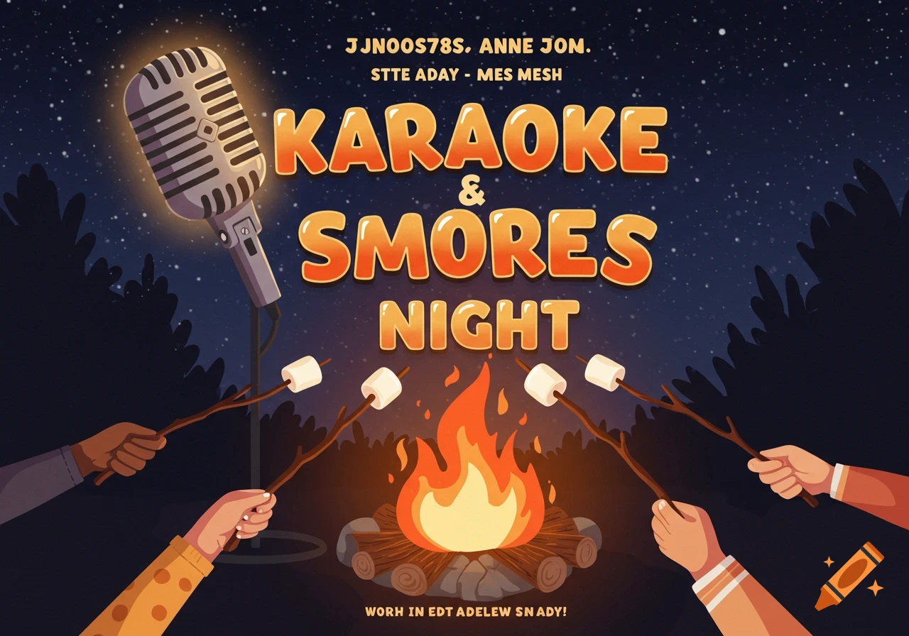 Illustration poster for Karaoke and Smores Night, featuring a campfire ...