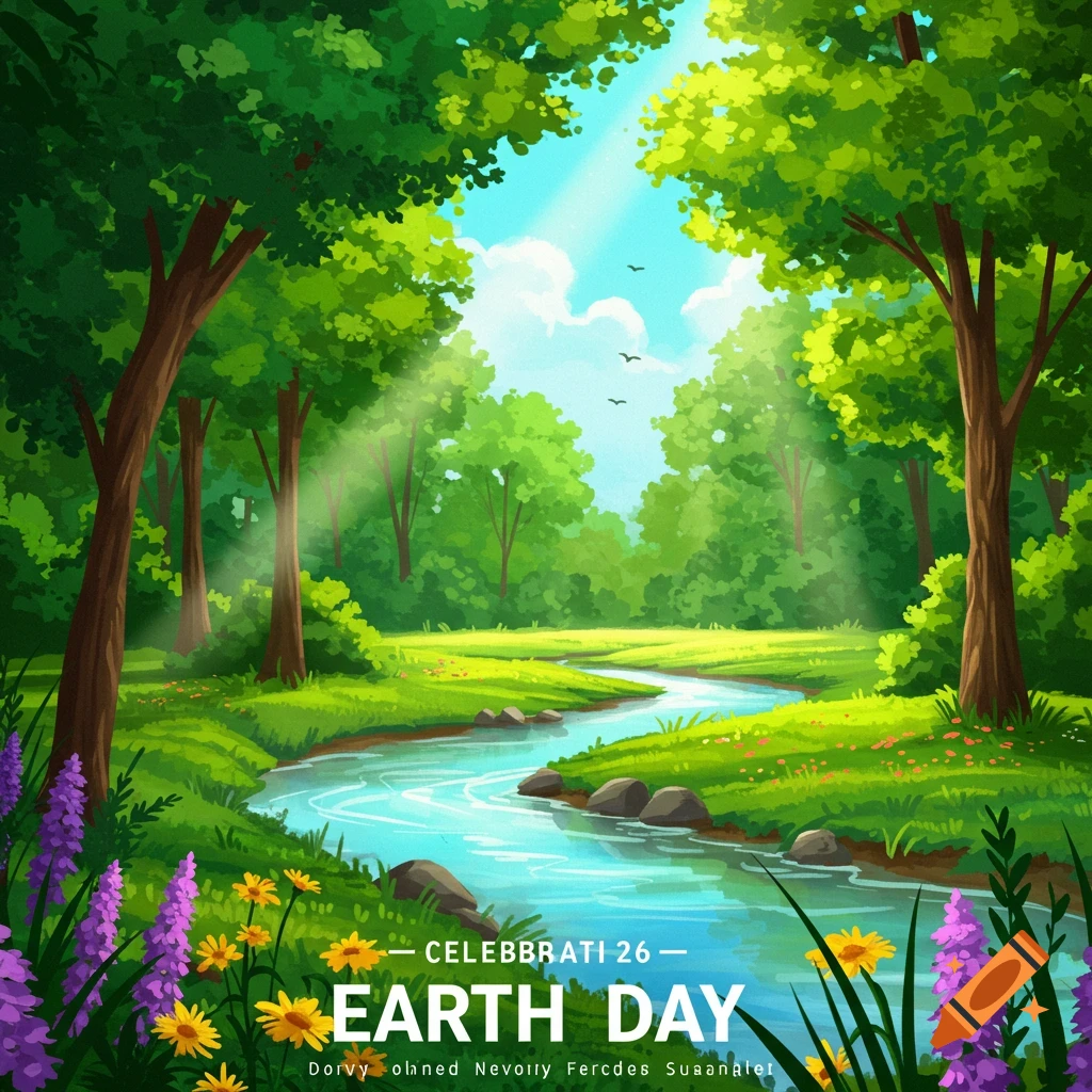 Vibrant image of a forest landscape with stream, flowers, sunlight, and ...