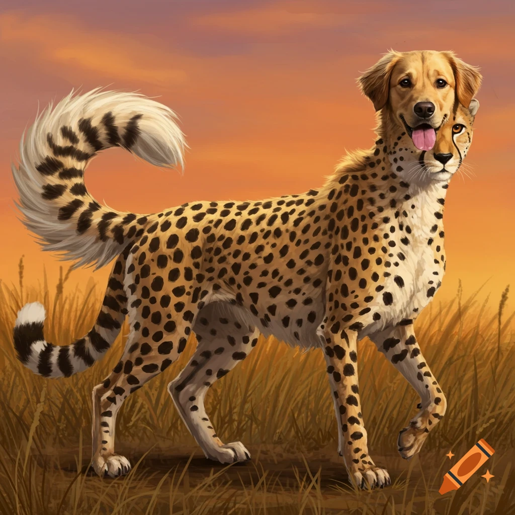 A dog-cheetah hybrid standing in a grassy field at sunset. on Craiyon