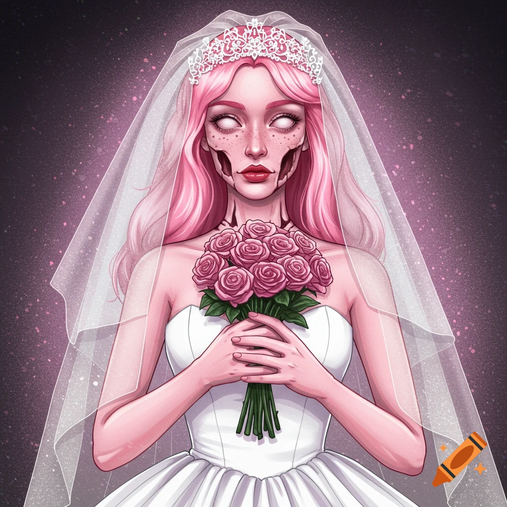 Supernatural pink corpse bride in white gown, comic style on Craiyon
