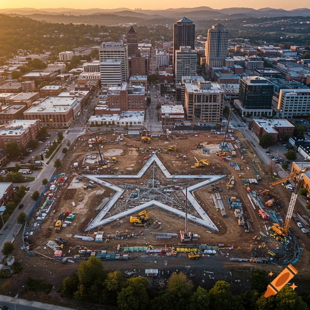 Aerial view of a city skyline behind a large star-shaped construction ...