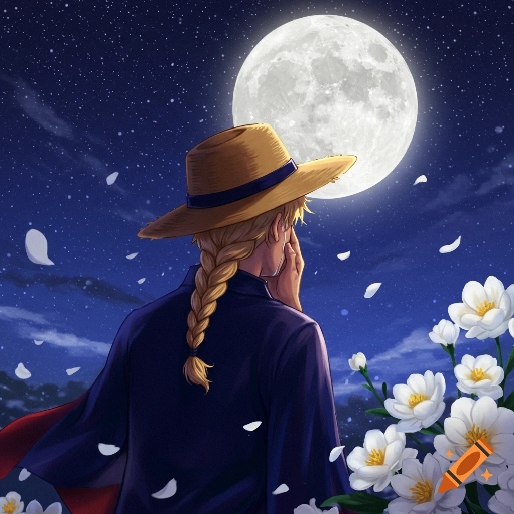 Man with straw hat gazing at moon with white flowers on Craiyon