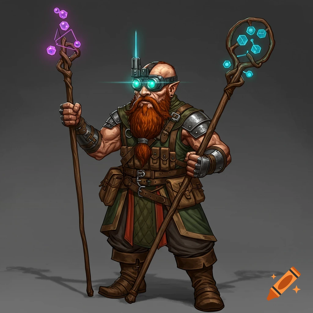 Muscular gnome trickster cleric with night vision goggles and geometric ...